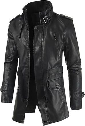 Generic Veste mi-longue en cuir pour homme, col montant et ceinture en polaire chaude et coupe-vent en polyur&eacute;thane, Noir, 3XL