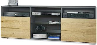 Vladon Meuble TV Granada, Lowboard avec 2 Portes et 6 Compartiments Ouverts, Corps Anthracite Mat, façades en chêne Nature (146 x 54 x 35 cm)