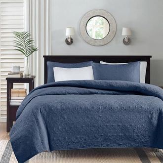 Madison Park Quebec Dusty Pale Navy 3-teiliges gestepptes Bettbezug-Set - für King-Size-Bett oder Cal King Bett - ideal für warmes Klima, Raumdekoration oder Ergän