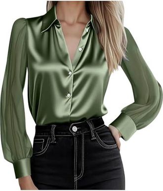 Generic Chemisier &agrave; manches longues en satin vert - Blouses pour femme habill&eacute;e &agrave; manches longues l&eacute;g&egrave;re de luxe &eacute;paules droites respirantes boutonn&eacute;es chemis