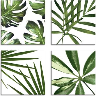 Artland Wanddeko Blumenbilder Leinwand Bilder Set 4tlg. je 30x30 cm Quadratisch Wandbilder Natur Blätter Blätter Modern Boho J4JY