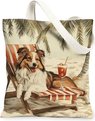 Generic Sac fourre-tout amusant en toile motif chien berger shetland pour faire du shopping, 33 x 38,1 cm, sac &agrave; bandouli&egrave;re r&eacute;utilisable pour femme, peinture