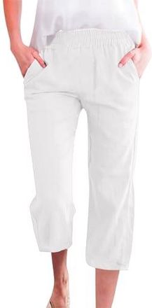 Generic Ydsxlp Pantalon d&eacute;t&eacute; en coton et lin pour femme - Couleur unie - Taille &eacute;lastique - Pantalon capri grande taille - Pantalon ample &agrave; jambe droite - Pan