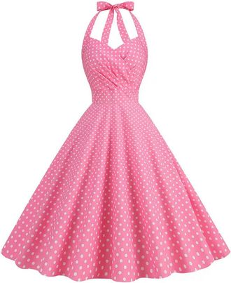 Generic Neues Sommerkleid mit Punkten f&uuml;r Damen, Neckholder, Party, 50er-60er-Jahre, Rockabilly-Pin-Up-Kleid, Tunika, Swing-Cocktailkleid, Rosa, L