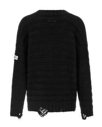 Maison Margiela Mens Cardigan V-Neck Destroyed Black Virgin Wool Cardigans Sweater