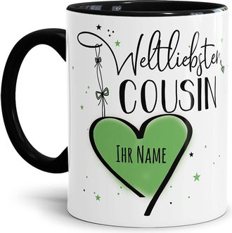 Tassendruck Keramik Tasse - Weltliebster Cousin - zum selbst gestalten mit Name - Geschenk für den besten Cousin - Innen & Henkel Schwarz, 300 ml
