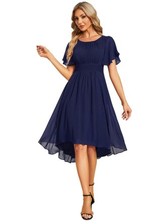Ever-pretty Damen-Kleid Für Hochzeitsgäste Kurzärmelig Empire-Taille Chiffon Knielang Elegantes A-Linien-Abendkleid Navy Blau 44