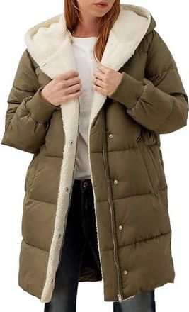 Generic Parka dhiver surdimensionn&eacute;e doubl&eacute;e Sherpa pour femme - Parka matelass&eacute;e en polaire chaude avec fermeture &eacute;clair - Avec capuche, vert militaire, 3XL