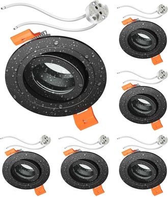 LEDs Com 6 Stück Bad-Deckeneinbaurahmen ERID, Feuchtraum, Badezimmer, IP44, rund, schwenkbar, schwarz matt, inkl. GU5.3 Fassung