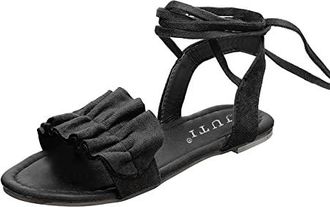 Generic Sandales plates pour femme - Couleur unie - Sandales crois&eacute;es &agrave; lacets - Sandales de danse tendance festonn&eacute;es - Sandales d&eacute;contract&eacute;es &agrave; bout ouvert 