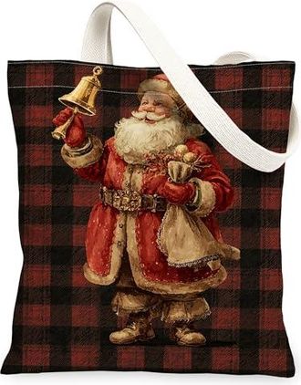 Generic Sac fourre-tout vintage en toile motif &eacute;cossais festif r&eacute;utilisable, l&eacute;ger et lavable avec bandouli&egrave;re pour les vacances, les voyages, 33 x 38 cm