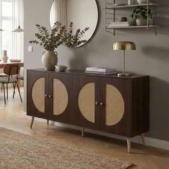 Mendler Sideboard HWC-P49, Schrank Kommode mit T&uuml;ren Anrichte Stauf&auml;cher, Poly-Rattan MDF Melamin 80x160x40cm - Walnuss-Optik
