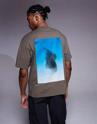 HUGO BOSS HUGO Red - Dorizon - Oversize-T-Shirt in Mittelgrau mit Logo-Vogelprint