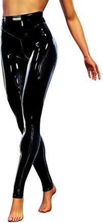 Generic Legging en latex pour femme - Taille haute - M&eacute;tallique - Noir - Legging long en cuir synth&eacute;tique - Pantalon push-up brillant - Pantalon sexy en cuir 