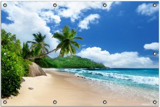 Wallario Outdoor-Poster für Garten oder Balkon Urlaub auf den Seychellen unter Palmen am Sandstrand, Motivbanner Größe: ca. 80 x 120 cm, Outdoor-Bild