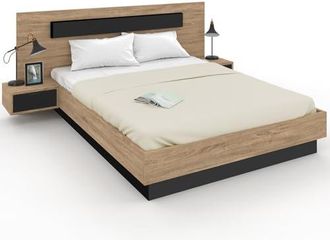 IDMarket Lit Double Santa avec t&ecirc;te de lit + Tables de Chevet int&eacute;gr&eacute;es et sommier 160 x 200 cm Bois et Noir
