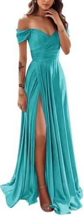Generic Robe de bal en satin à épaules dénudées avec fente pour adolescentes, robe de demoiselle dhonneur longue plissée, turquoise, 46 Grande taille