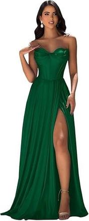 Generic Robes de bal en satin longue sans bretelles avec poches, corset trap&egrave;ze, robes de soir&eacute;e formelles avec fente, vert &eacute;meraude, 10XL Grande taille