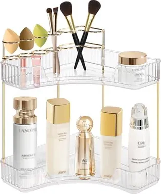 Shanna Organisateur cosm&eacute;tique de maquillage : 2 niveaux Transparent Organiseur de beaut&eacute; dangle Organisateur de soins de la peau R&eacute;glable Multifonctionnel C