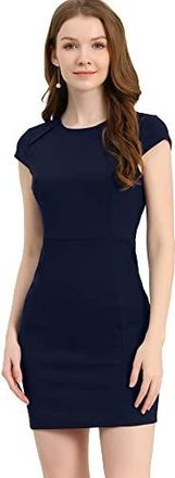 Allegra K Robe Droite de Travail de Bureau &agrave; Mancherons pour Femmes Bleu fonc&eacute; M