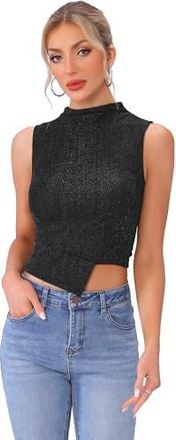 Allegra K D&eacute;bardeur Paillet&eacute; pour Femme Col Montant Haut sans Manches Ourlet Asym&eacute;trique Top Court de Soir&eacute;e Coupe Slim Noir L