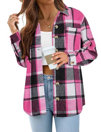 Zeagoo Damen Flanell Hemdjacke Karierte Hemdbluse Blusenjacke mit Taschen Knopfleiste Shacket Karo Oberteile Langarm &Uuml;bergangsjacke Westernhemd Herbst Winter