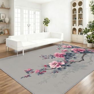 Generic Tapis de Salon Chambre Salle &agrave; Manger Adulte Bureau Design Pivoine Aquarelle Style Chinois Poil Court Fin Doux L&eacute;ger R&eacute;sistant 160 x 230 cm, Rose Viol