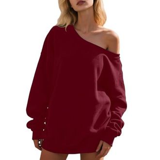 Generic 2026 Sweat-shirt à épaules dénudées surdimensionné à manches longues pour femme, Rouge, XXL