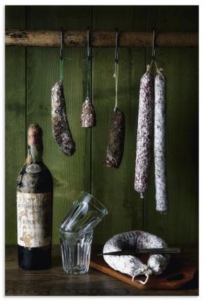 Artland ARTland Wanddeko Wandbild Alu Verbundplatte f&uuml;r Innen & Outdoor Bild 40x60 cm Lebensmittel Essen und Trinken Salami Wein Rotwein Rustikal U5IH