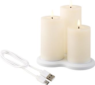 Lumineo LED Kerzen mit Timer 12,5-17,5cm Wachs 3er Set - Elektrische Stumpenkerzen - batteriebetrieben & über USB-C aufladbar - Wachskerzen flackernde Flamme 