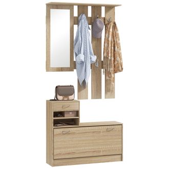 HOMCOM 3-in-1 Garderobenschrank mit Garderobenpaneel, Spiegel und Schuhbank - 6 Haken und verstellbares Regal, Naturholzeffekt