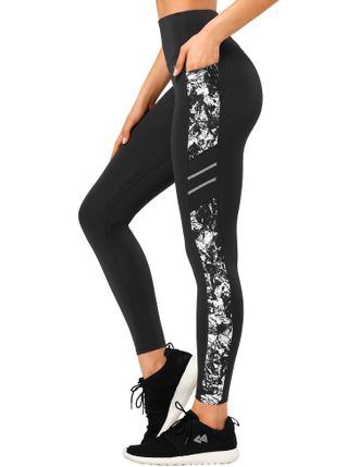 Yvette Sports Printed Damen Sport Leggings mit Taschen, high Waist Blickdicht Gym Sporthose, Weiß Printed, 3XL