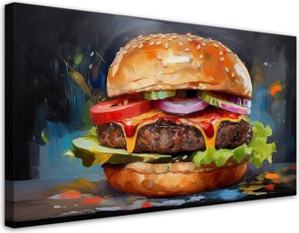 Feeby Leinwandbild - Bilder Wohnzimmer - Burger Sandwich Essen - 80x40 1tlg - Deko Schlafzimmer - Wanddekoration - Aesthetic - Gro&szlig; Moderne Bild - Foto auf 