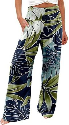 Generic Pantalon de plage décontracté à taille élastique pour femme - Coupe large - Imprimé fleurs colorées et feuilles vertes - 2026, bleu marine, 3XL