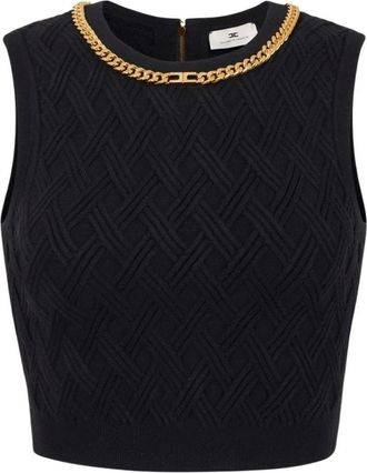 Elisabetta Franchi Femme, Tops, Noir, Taille: 40 FR Top en maille losange avec d&eacute;tail bijou