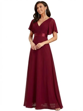 Ever-pretty Damen Abendkleid Frau A-Linie Chiffon Brautjungfernkleid V Ausschnitt Hochzeit Burgund 46