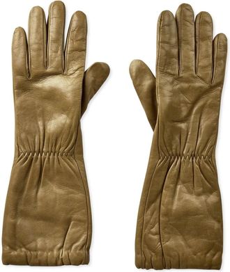 Bottega Veneta Handschuhe - Embossed Logo Leather Gloves - Gr. UK 7.5 - in Gr&uuml;n - f&uuml;r Damen
