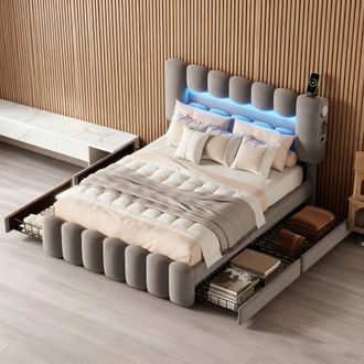 Generic Polsterbett 140x200 cm in Beige | Mit 4 Schubladen & LED-Lichtleiste | Integrierte USB-Station & Stereoanlage | Modernes Bettdesign (Grey)