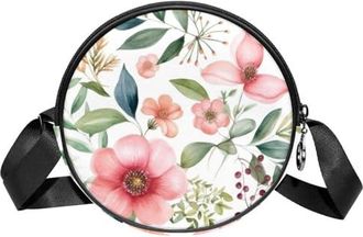 Generic Petit sac &agrave; bandouli&egrave;re circulaire pour femme, motif feuilles florales, sac &agrave; dos avec fermeture &eacute;clair, bretelles r&eacute;glables, sac &agrave; main rond d&eacute;contra