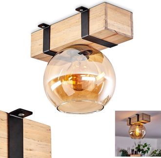 HOFSTEIN Deckenleuchte Montgomery, Deckenlampe aus Metall/Holz/Glas in Schwarz/Natur/Bernsteinfarben, skandinavischen Design mit Holzbalken und Schirm aus Glas