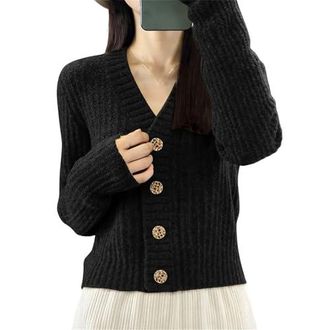 Generic Cardigan dhiver en cachemire pour femme, col en V, couleur unie, haut ample, manches longues, col en V, boutonn&eacute;, Noir/blanc, XL