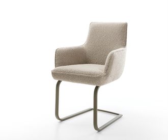 DELIFE Freischwinger Heira-Flex mit Armlehnen Boucl&eacute; Schlamm Freischwinger flach Effektfinish Titan Taschenfederkern, Esszimmerst&uuml;hle