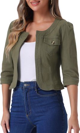 Allegra K Damen Jeansjacke 3/4 &Auml;rmel Open Front Kragenlos Jacke mit Taschen Armeegr&uuml;n XL