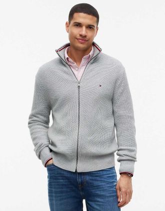 Tommy Hilfiger gerippter Pullover mit Rei&szlig;verschluss und kontrastierten B&uuml;ndchen in hellgrau meliert