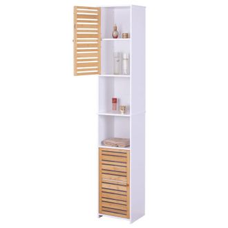 Relaxdays Relaxdays Armoire de salle de bain 190 x 34 x 29 cm, 6 compartiments, bambou/MDF, haute, &eacute;troite, blanc/naturel