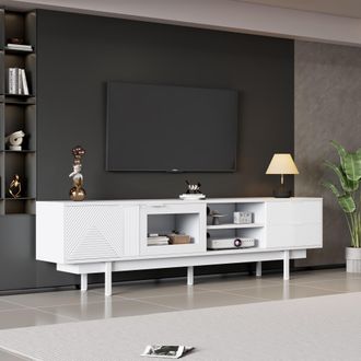 Merax TV-Schrank, TV Lowboard f&uuml;r Fernseher bis zu 80 Zoll, 200cm lang, Moderner Fernsehtisch mit 2 T&uuml;ren, 2 Schubladen, offenen F&auml;chern, Glasvitrine, Medie