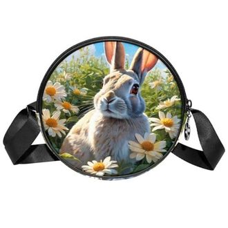 Generic Petit sac &agrave; bandouli&egrave;re circulaire pour femme, motif floral, lapin, sac &agrave; dos &agrave; bandouli&egrave;re avec fermeture &eacute;clair, bretelles r&eacute;glables, sac &agrave; main ron