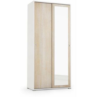 Terraneo Armoire &agrave; portes coulissantes 90x45xH195cm - Miroir et 2 &eacute;tag&egrave;res - Tube &agrave; linge blanc - Finition ch&ecirc;ne moderne - Terraneo