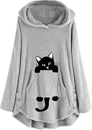 Onsoyours Veste Polaire Femme Chaude Manteau Col Roulé Tops en Peluche Mode Hiver Grand Taille Bouton Manteau Pelucheux Sweat à Capuche Pull Loose I Gris 3XL