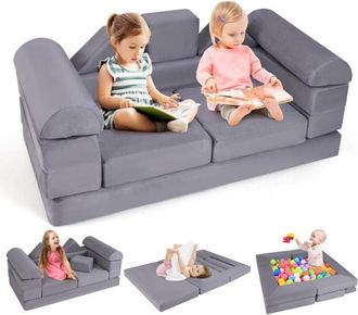 Costway Costway - 9PCS Canap&eacute; Modulaire pour Enfants en Tissu Daim, Canap&eacute; Enfant Convertible 2 Places avec Housses Amovibles & Lavables, Canap&eacute; en Mousse